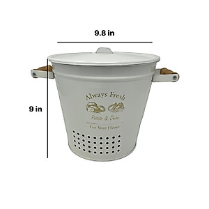 Metal Storage Bin, Onion Storage and Patato Storage, Vegetable Storage Bin with Aerating Tin Storage Holes, Metal Kitchen Storage, Kitchen Pantry Organizer Tin Vegetable Fresh Keeper (White-Wood)