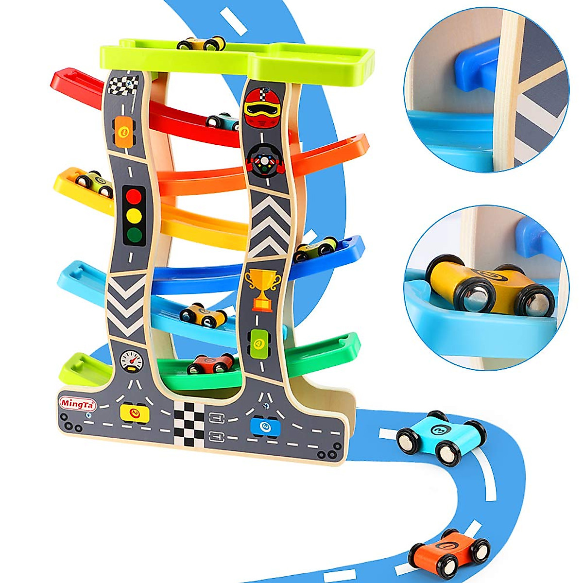 Lewo Wooden Montessori Car Ramp Toys for Toddlers 1-3, Race Car Tracks Baby Toys with 8 Mini Car and 1 Garage, Christmas Birthday Gifts for Toddlers Boys and Girls 1 2 3 4 Years Old