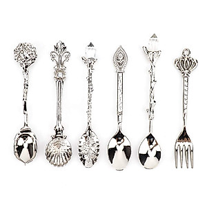 Fdit 6Pcs/Set Vintage Carved Coffee Spoon Teaspoon Retro Zinc Alloy Dessert Coffee Tableware Spoons Cutlery Kitchen(Silver)