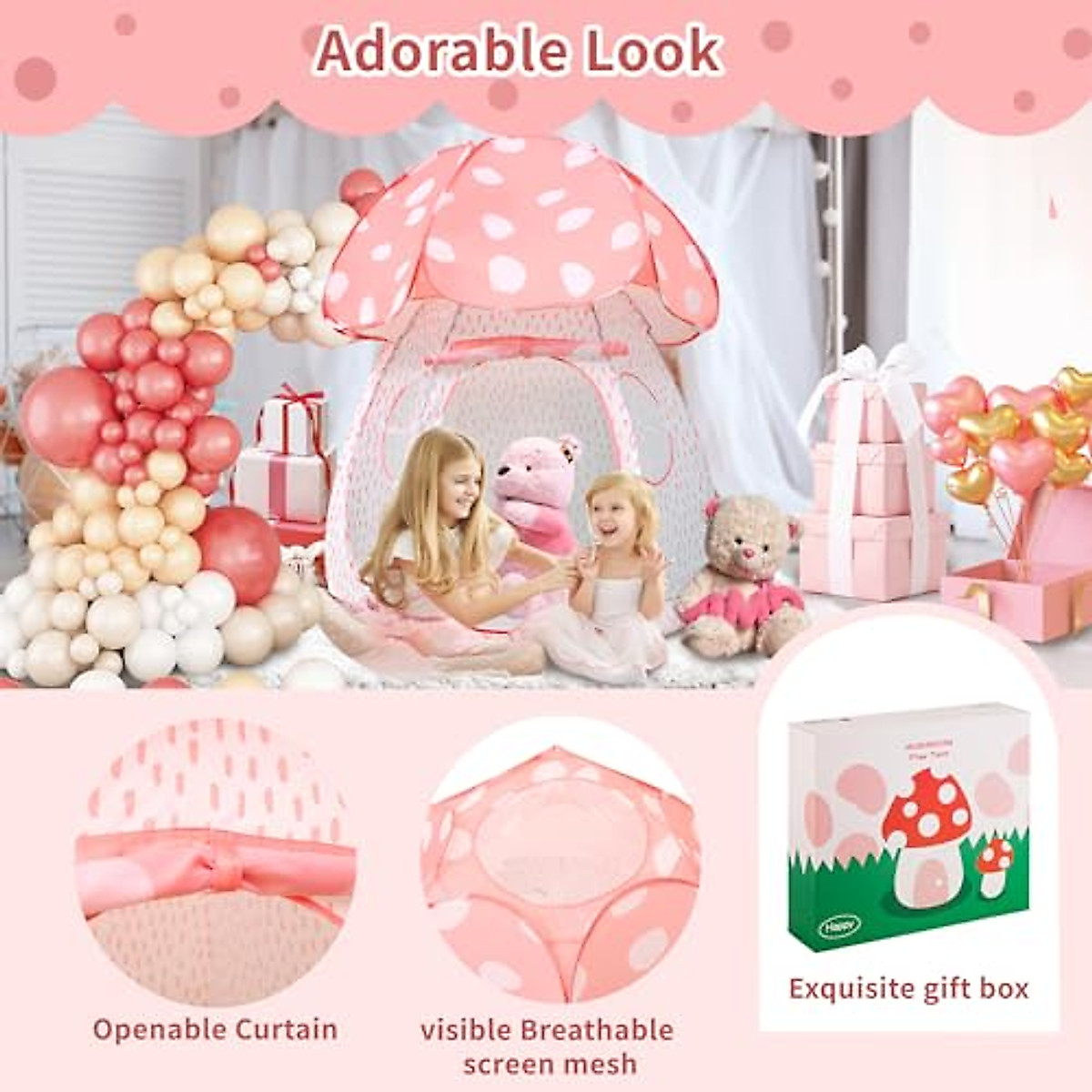 ENCHEAR Kid Play Tent Pop Up Tent Indoor Outdoor Large Space Playhouse for Boys and Girls Foldable Unique Mushroom Tent Patented (43in*57in, Pink Mushroom)