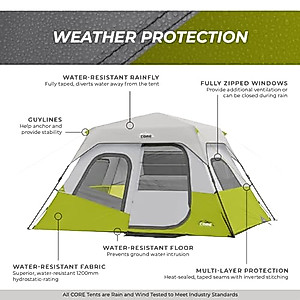 CORE 6 Person Instant Cabin Tent | Portable Large Pop Up Tent with Easy 60 Second Camp Setup for Family Camping | Included Hanging Organizer for Outdoor Camping Accessories