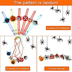 24 Pieces Halloween LED Necklace Light Up Wristband Slap Bracelets and LED Flashing Rings Glow in the Dark Party Supplies for kid Halloween Party Decorations Party Favors