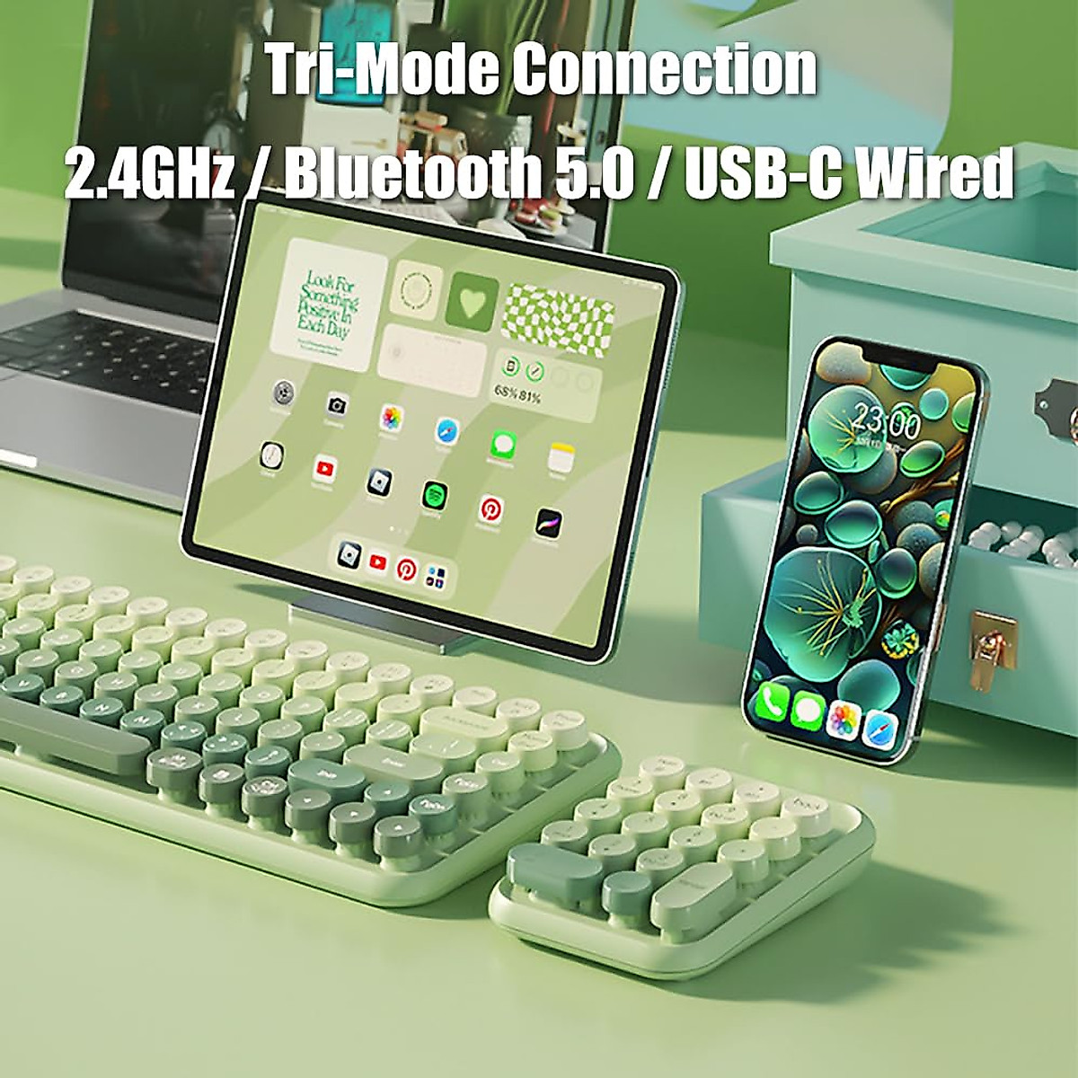 TISHLED Typewriter Style Number Keypad Wireless 2.4G/Bluetooth/USB-C Wired Rechargeable Numeric Pad Linear Membrane Switch 18-Key NKRO Retro Round Keycaps Portable for Multi-Device, Matcha Green