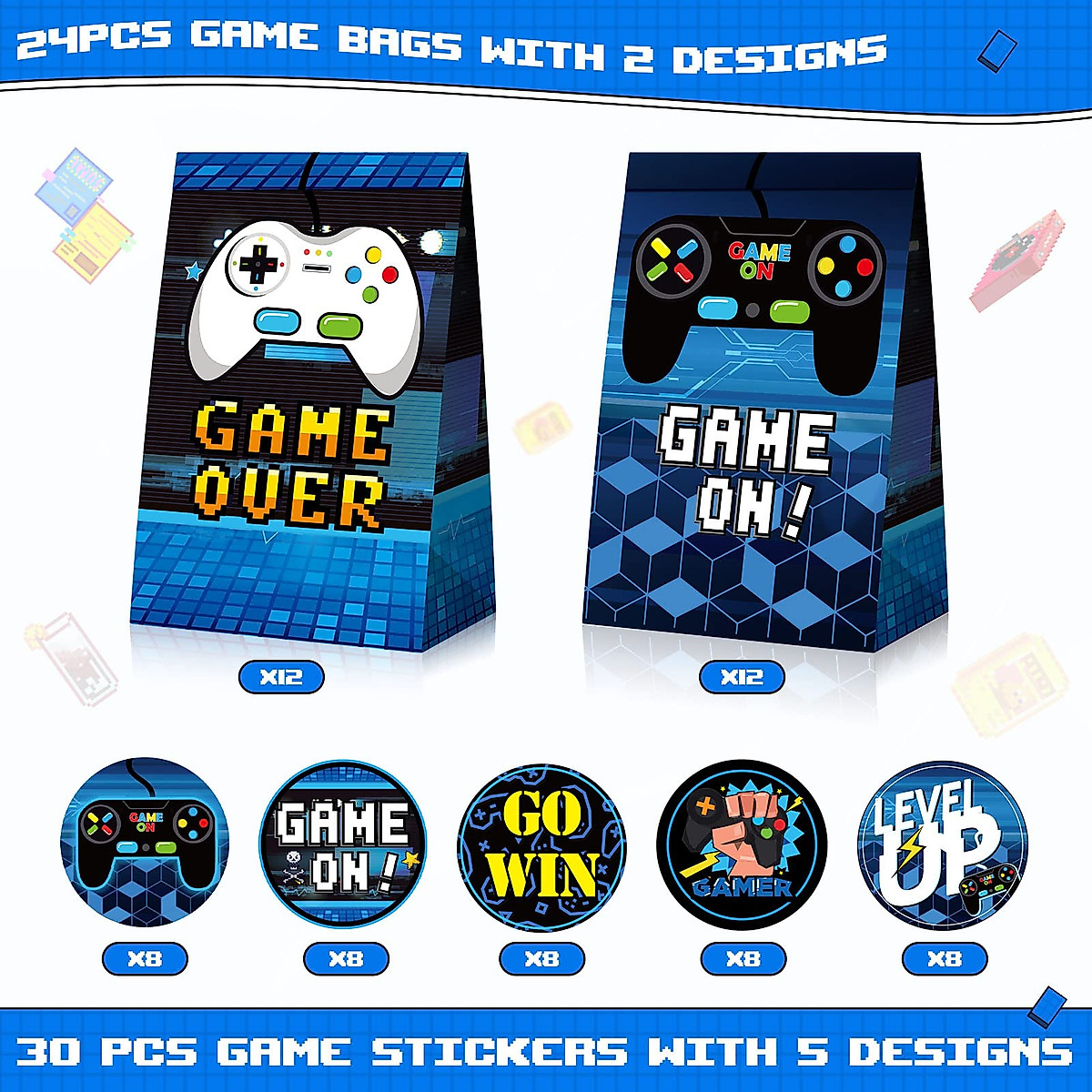 24 Pcs Game Gift Bag Video Game Party Supplies Gamer Party Favor Bags Gaming Theme Goodie Bags Candy Treat Bags with 30 Pcs Stickers for Themed Birthday Party Decorations