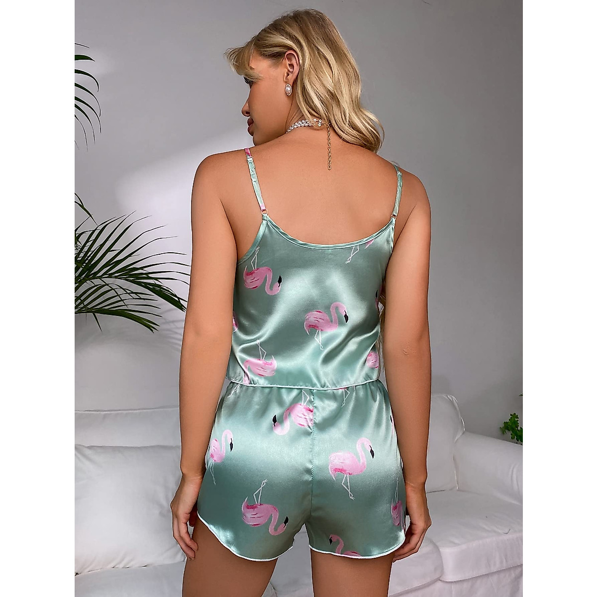 WDIRARA Women's 2 Pc Flamingo Print Satin Cami Tank Top and Shorts Pj Set Loungewear Mint Green XL
