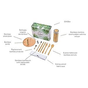 EcoLuxe Outdoor Camping Dinnerware Bundle, Tea Infused Tumbler, Plate, 6 Utensils with Case, Bamboo Toothbrush with Replaceable Bristle, Organic Floss, Comb, 12 Items