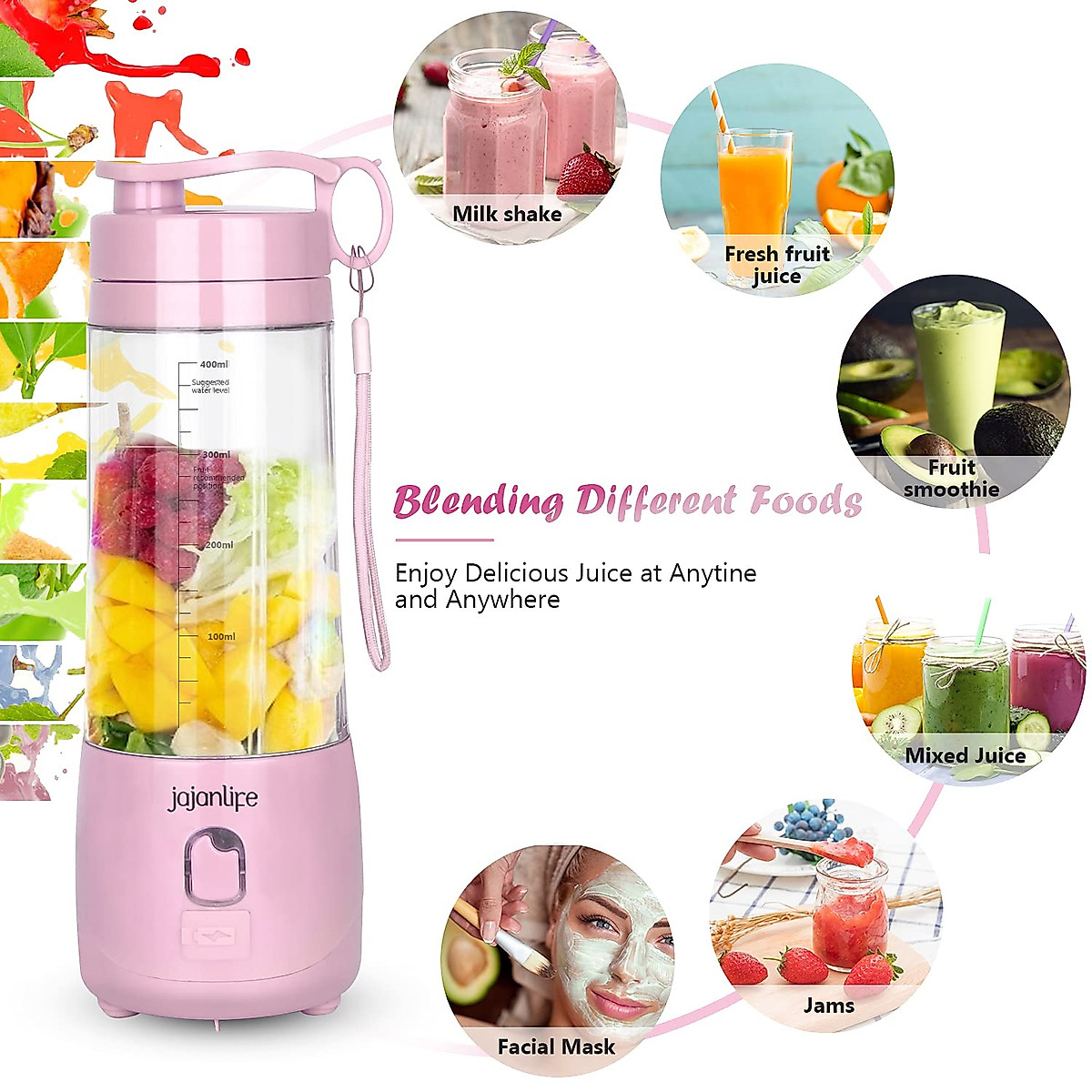 Portable Blender Personal Size Blender for Shakes and Smoothies 4000mAh Rechargeable Mini Travel Blender with 3D Six Blades 13.5Oz Fruit Mixer Cup for Home, Sports, Outdoor (Pink)