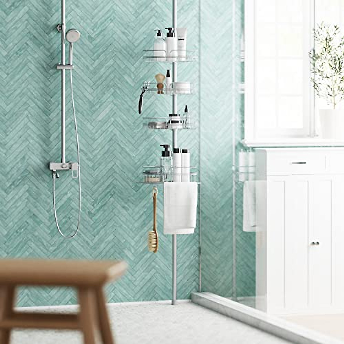 Zenna Home Rust-Resistant Corner Shower Caddy for Bathroom, 4 Adjustable Shelves with Towel Bar and Hooks, with Tension Pole, for Bath and Shower Storage, 60-97 Inch, Chrome
