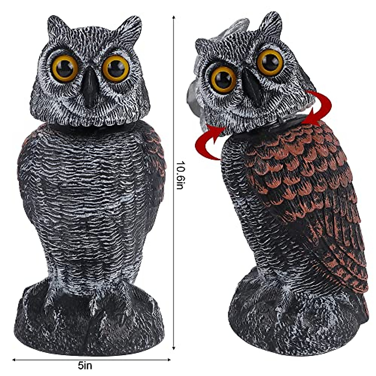 Hausse 2 Pack Bird Scarecrow Fake Owl Decoy Sculpture, Rotating Head Plastic Owl Bird Deterrents, 10.6 Inch Height Nature Enemy Horned Pest Repellent for Outdoor Garden Yard