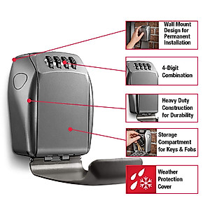 Master Lock Heavy Duty Wall Mount Key Box, Outdoor Mounted Lock Box for House Keys Safe with Combination Lock, 5 Key Capacity, Zinc, 5415D