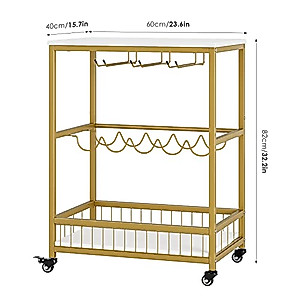 HITHOS Industrial Bar Carts for The Home, Mobile Serving Cart with Wine Rack and Glass Holder, Beverage Cart, on Wheels, Rolling Drink Trolley Living Room, Kitchen, White Gold