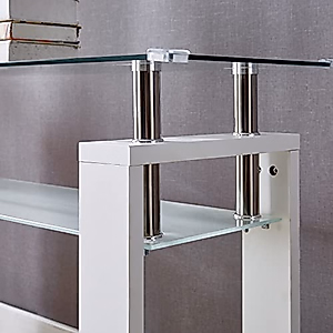 Goderfuu Glass Console Table, 2-Tier Rectangle White Console Table with Storage Shelf, White Entryway Table with Solid Wood Base, Rectangular Narrow Tables Sofa Table for Living Room Hallway Table