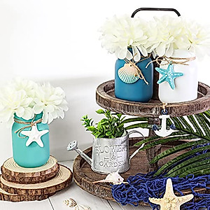Beach Mason Jar Decor Coastal Table Centerpiece with White Flowers Floral Arrangement Blue Shell Starfishes Slices Summer Sea Farmhouse Tiered Tray Wedding Décor Vases Home Hostess Gift Idea Set of 3