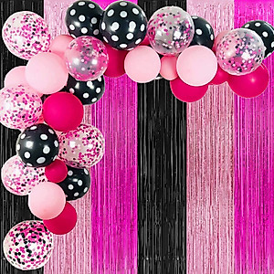WIQEDOHA 3 Pack Foil Curtains-8x9.84 Ft Rose Red Pink and Black Fringe Metallic Backdrop Curtain for Minie Mouse Themed Baby Shower Birthday Nursery Party Decorations