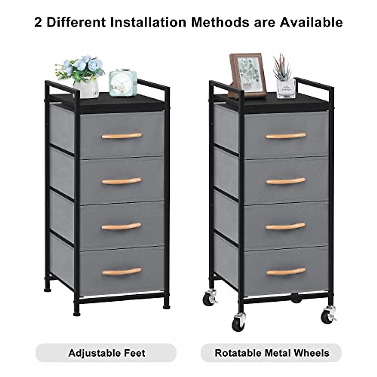 Drawer Dresser for Bedroom Fabric Storage Dresser with 4 Drawers Tower Tall Nightstand Chest of Drawers with Wood Top and Steel Frame Organizer Unit for Closet Living Room Hallway Entryway (Grey)