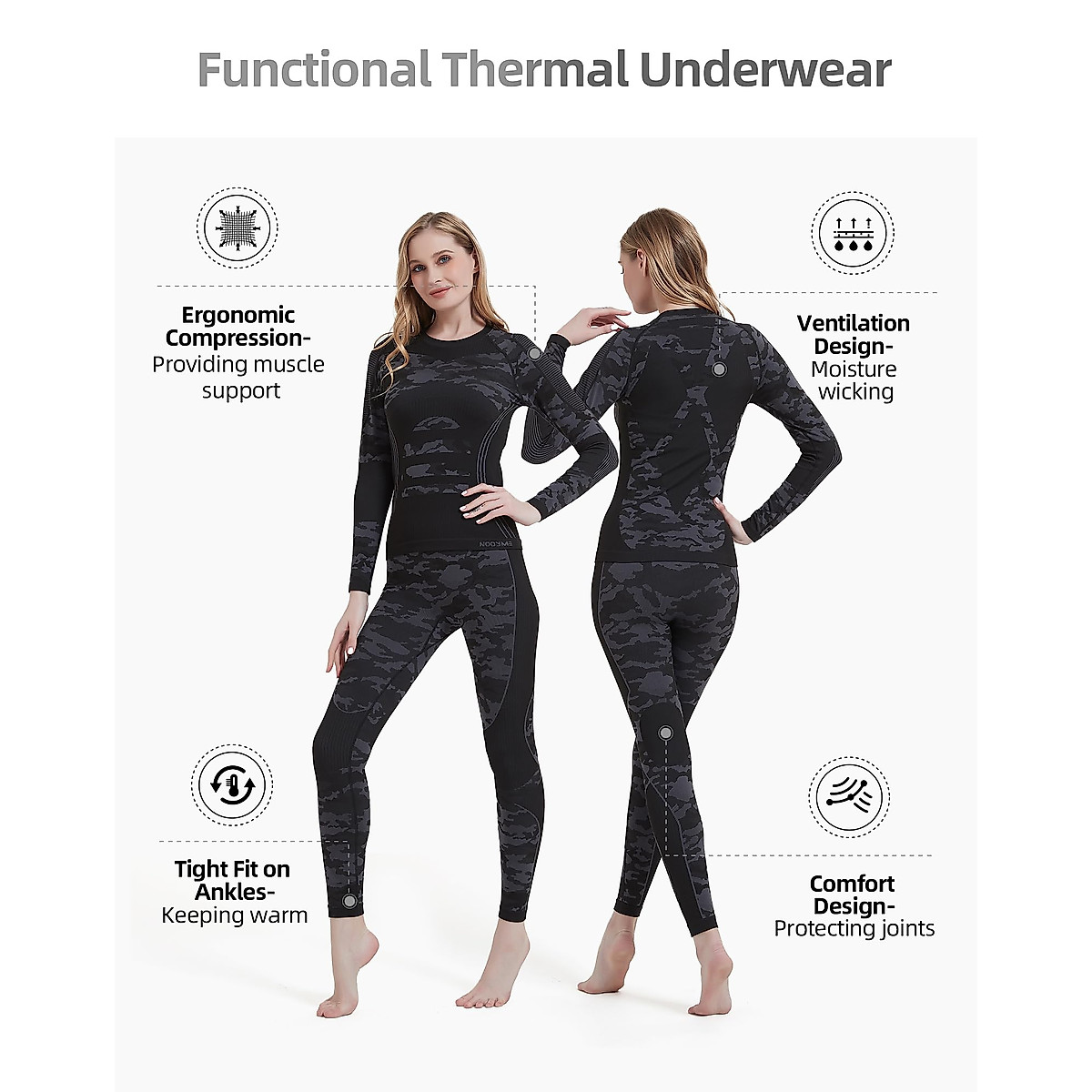 NOOYME Thermal Underwear for Women Base Layer Women Cold Weather,Long Johns for Women Black-camouflage
