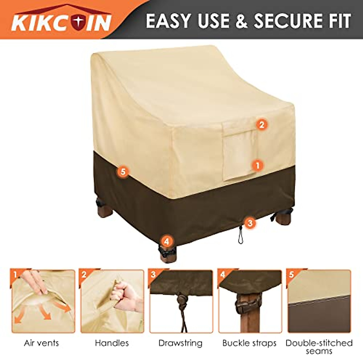 Heavy Duty Patio Chair Covers Waterproof, 2 Pack Lounge Deep Seat Cover 35"W x 38"D x 31"H, Heavy Duty Lawn Patio Outdoor Furniture Covers Waterproof with Air Vents for All Weather, Khaki & Brown