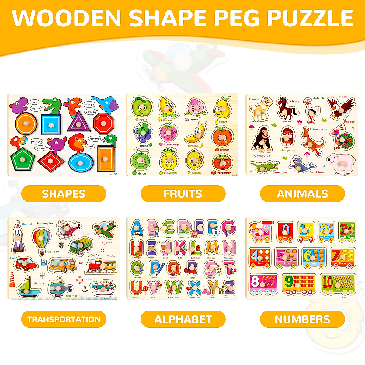 6 Pack Wooden Peg Puzzles Set for Toddlers 3 4, Preschool Educational Pegged Knob Puzzle Toy Wooden Learning Toys for Baby Boys and Girls Age 3-4