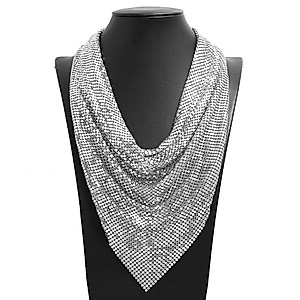 COLORFUL BLING Fashion Sequins Tassel Choker Necklace Chunky Fringe Pyramid Bib Stetement Necklace Thick Collar for Women Costume Jewelry-Silver