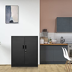 TaskStorz Metal Garage Storage Cabinets，Metal File Cabinet with 2 Adjustable Shelves, Lockable Storage Cabinets for Office, Home, Garage, Warehouse 36" H x 31.5" W x 15.7" D (Black)