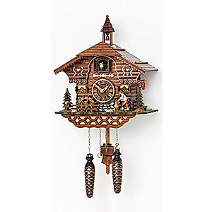 Trenkle Quartz Cuckoo Clock Black Forest House with Moving Wood Chopper and Mill Wheel, with Music TU 4217 QM