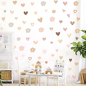 Colorful Flowers Wall Decals Boho Wall Stickers Pastel Hearts Wall Art Stickers Girls Bedroom Decor Pink Floral Decals Peel and Stick Heart Vinyl Murals Wallpaper for Kids Baby Room Nursery Decoration