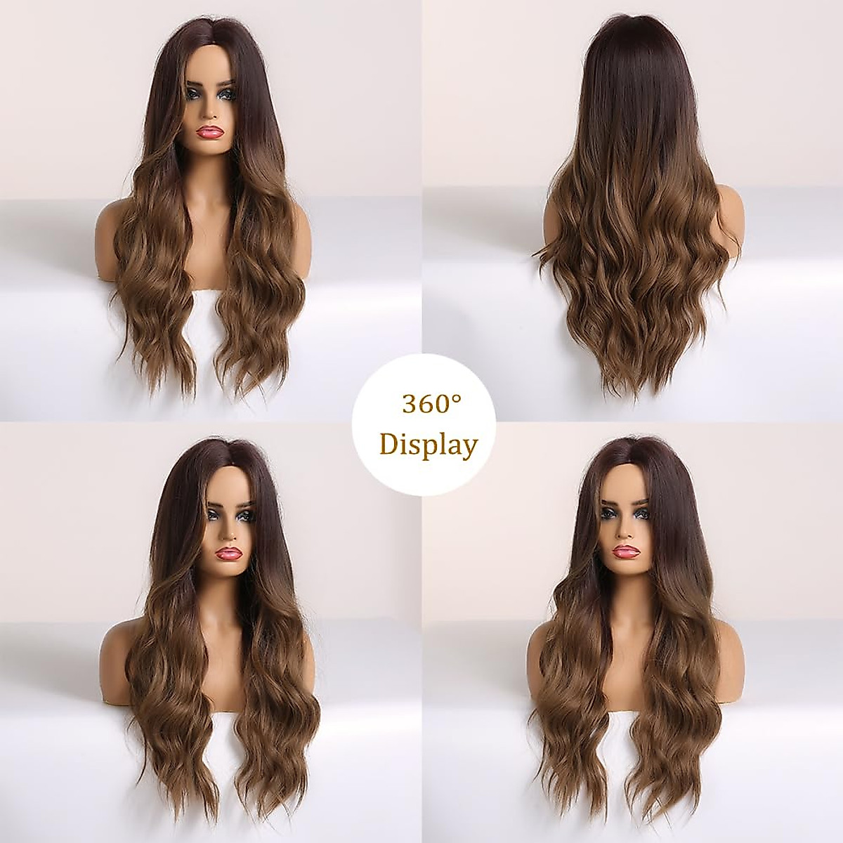 Haoland Long Ombre Brown Wavy Wig for Women 26 Inch Middle Part Curly Women's Charming Synthetic Wig with Natural Wavy Brown Heat Resistant Hair for Wedding Daily Party Use