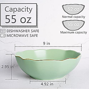 Bosmarlin Large Ceramic Salad Pasta Bowls Set of 3, 55 Oz with Golden Scalloped Rim, Big Serving Bowls for Soup, Fruit, Mashed Potatoes, Dishwasher and Microwave Safe (Green, 9 in)