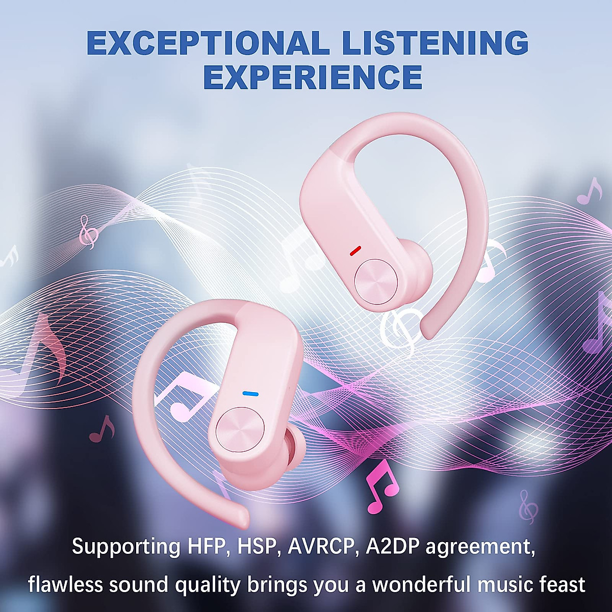 LASUNEY Wireless Earbuds, 35H Playtime Bluetooth Headphones with Mics and Charging Case for iPhone Android, Waterproof Running Headphones for Gym Workout, Hi-Fi Sound Over Ear Buds with Earhooks-Pink