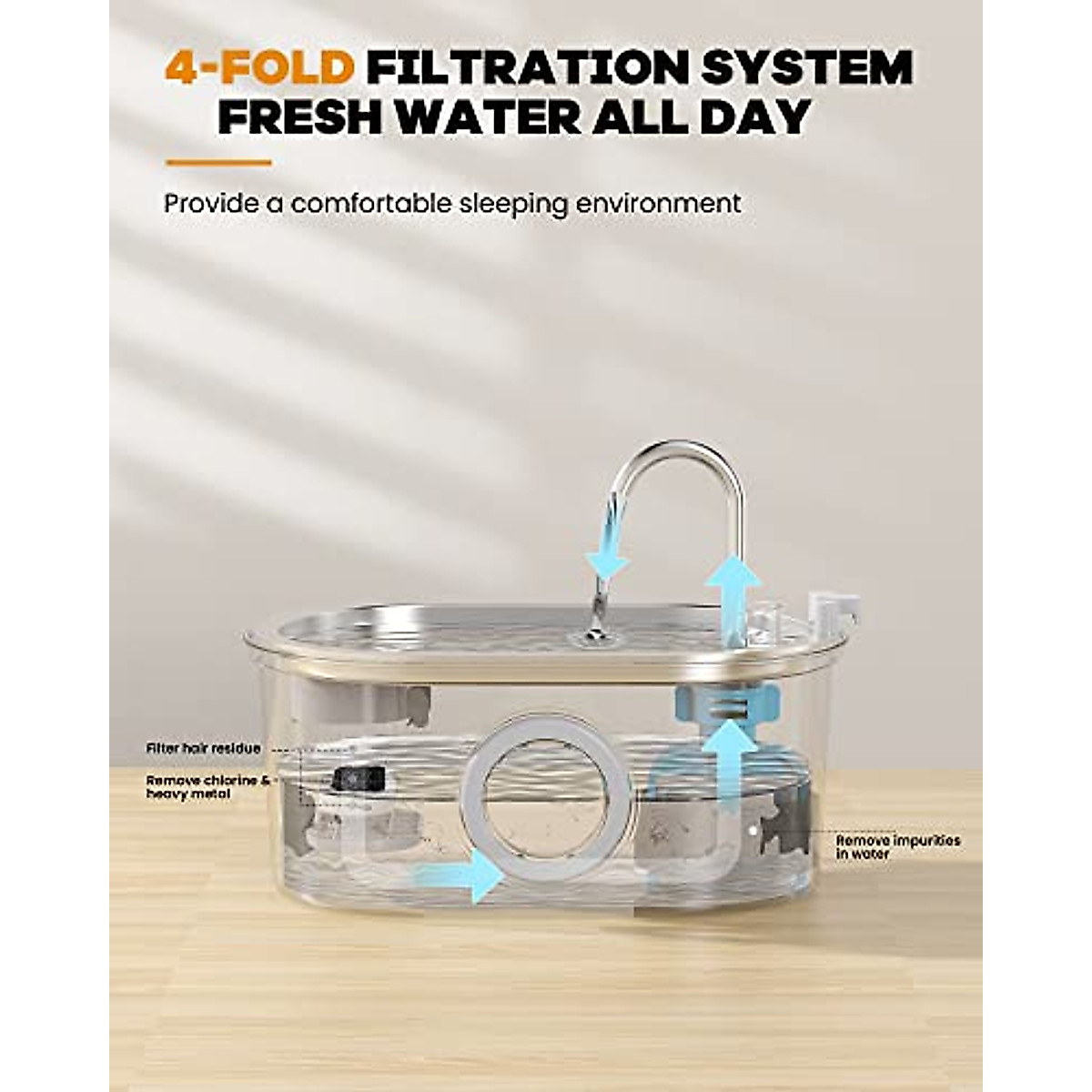 SOOFPET Cat Water Fountain with Water Level Window, 108oz/3.2L Water Fountain for Cats Inside, Stainless Steel Pet Water Fountain Dog Water Dispenser, Faucet Shape, Quiet Pump, for Dogs and Cats