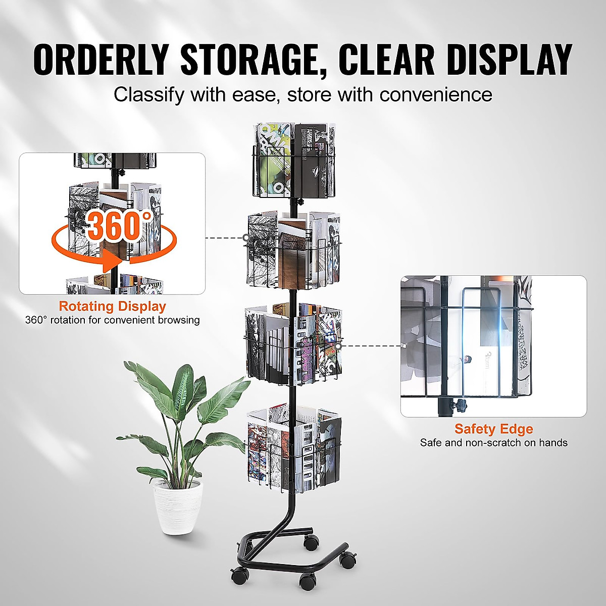 VEVOR Brochure Display Rack, 4-Tier 32 Pockets Rotating Magazine Literature Display Stand for Postcards, 360° Spinning Greeting Cards Rack with 5 Wheels (2 Lockable) for Shop Exhibitions Office