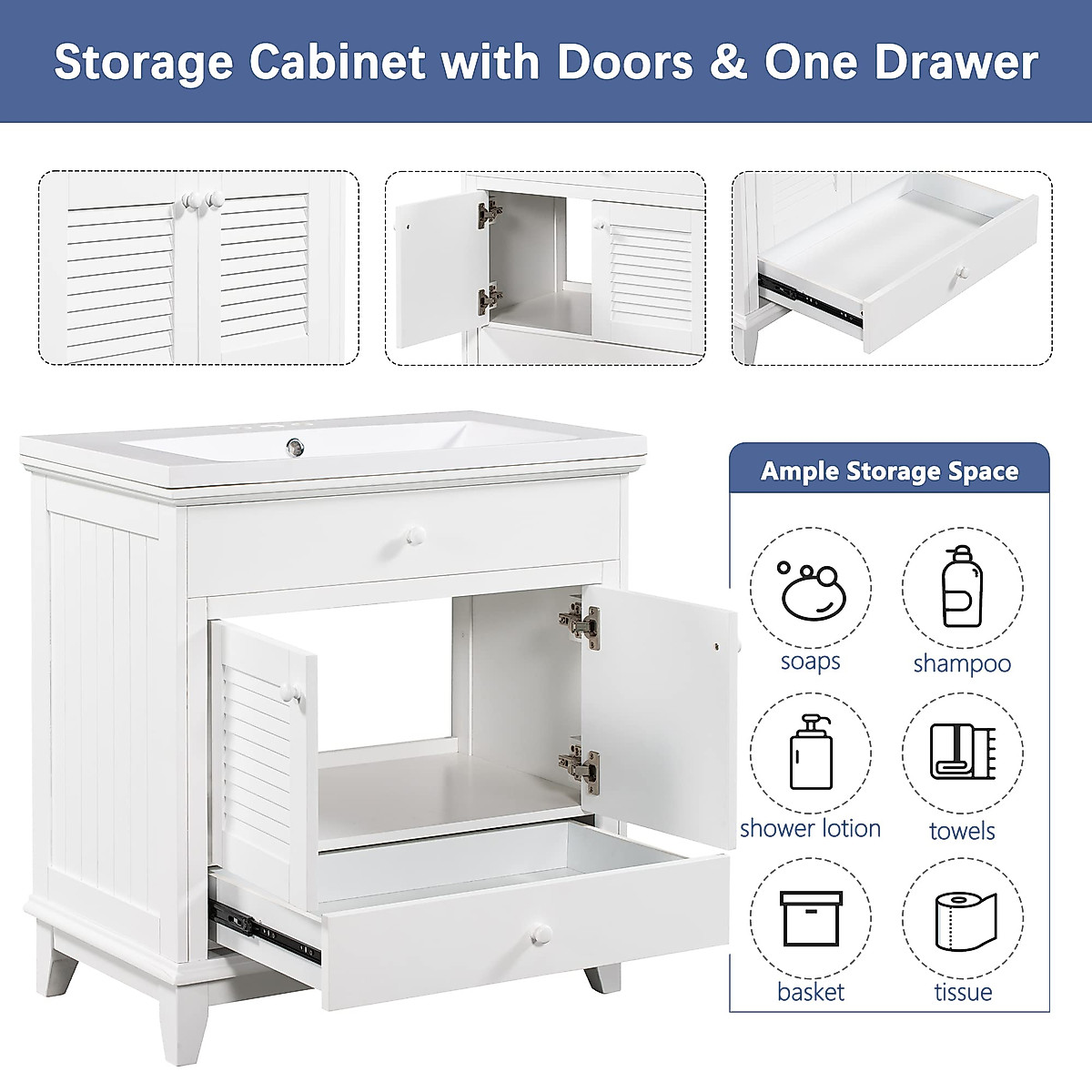 30 Inch Bathroom Vanity Base Only, Storage Cabinet with Doors and Drawer, Solid Wood Frame, White