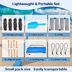 YENGIAM Beach Canopy Beach Tent UPF50+ 11x11 FT Easy to Setup Extra Windproof Rope Sun Shelter Beach Shade Canopy with 4 Stability Poles Outdoor Shade for Beach Camping Family