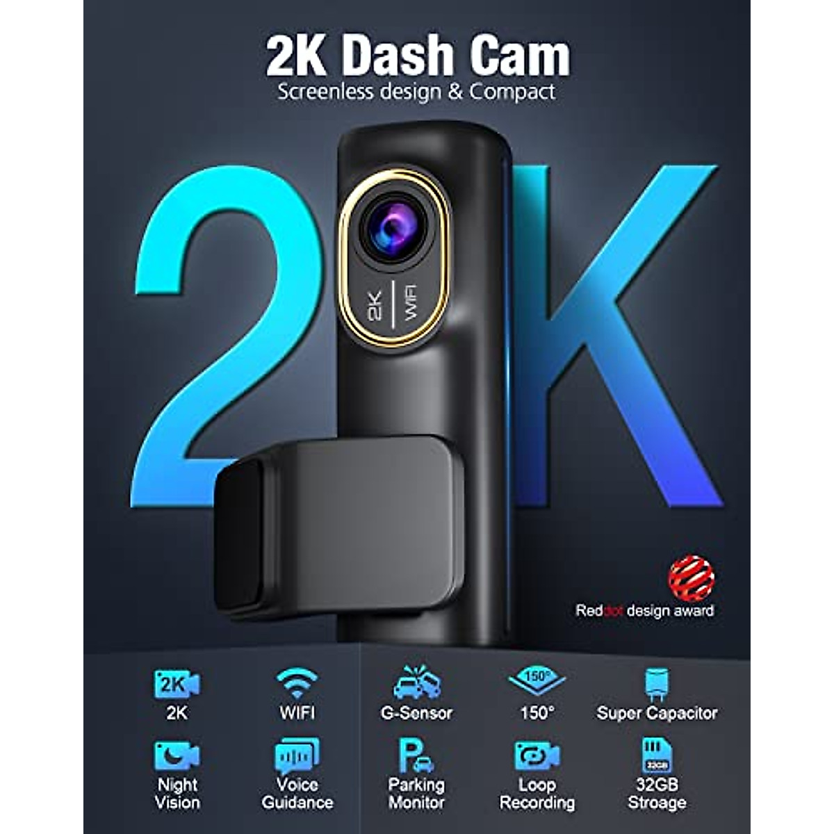 OMBAR Dash Cam 2K Built-in WiFi Car Camera, Dash Camera for Cars with Free 32G SD Card, Front Dashcam, Dash Camera Night Vision, Loop Recording, G-Sensor, 24 Hours Parking Monitor, APP, 150°Wide Angle