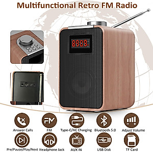Bluetooth Fm Radio, Retro Radio Plug in Wall Vintage Wooden Bluetooth Speaker Portable Shortwave Radio with LED Display, 2000mAH Rechargeable with Rotary Knob for Outdoor Indoor Office