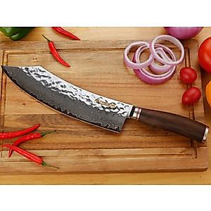 YOUSUNLONG Butcher Knife Pro 10" Cimitar Hybrid Cleaver Japanese Hammered Damascus Steel Razor Sharp - Natural Leadwood Handle