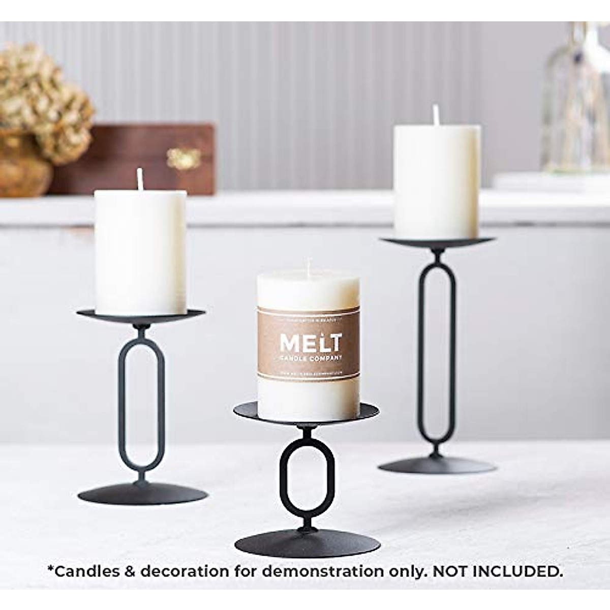 Candle Holders Black Metal Base Candleholders for Desk Top Decoration Table or Mantel Centerpiece in Dining & Living Room, Candelabra for flameless LED, Sphere & Pillar Candles (Set of 3)