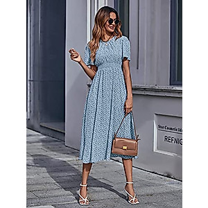Floerns Women's Short Sleeve Boho Floral Dress A Line Smocked Midi Dress A Blue L