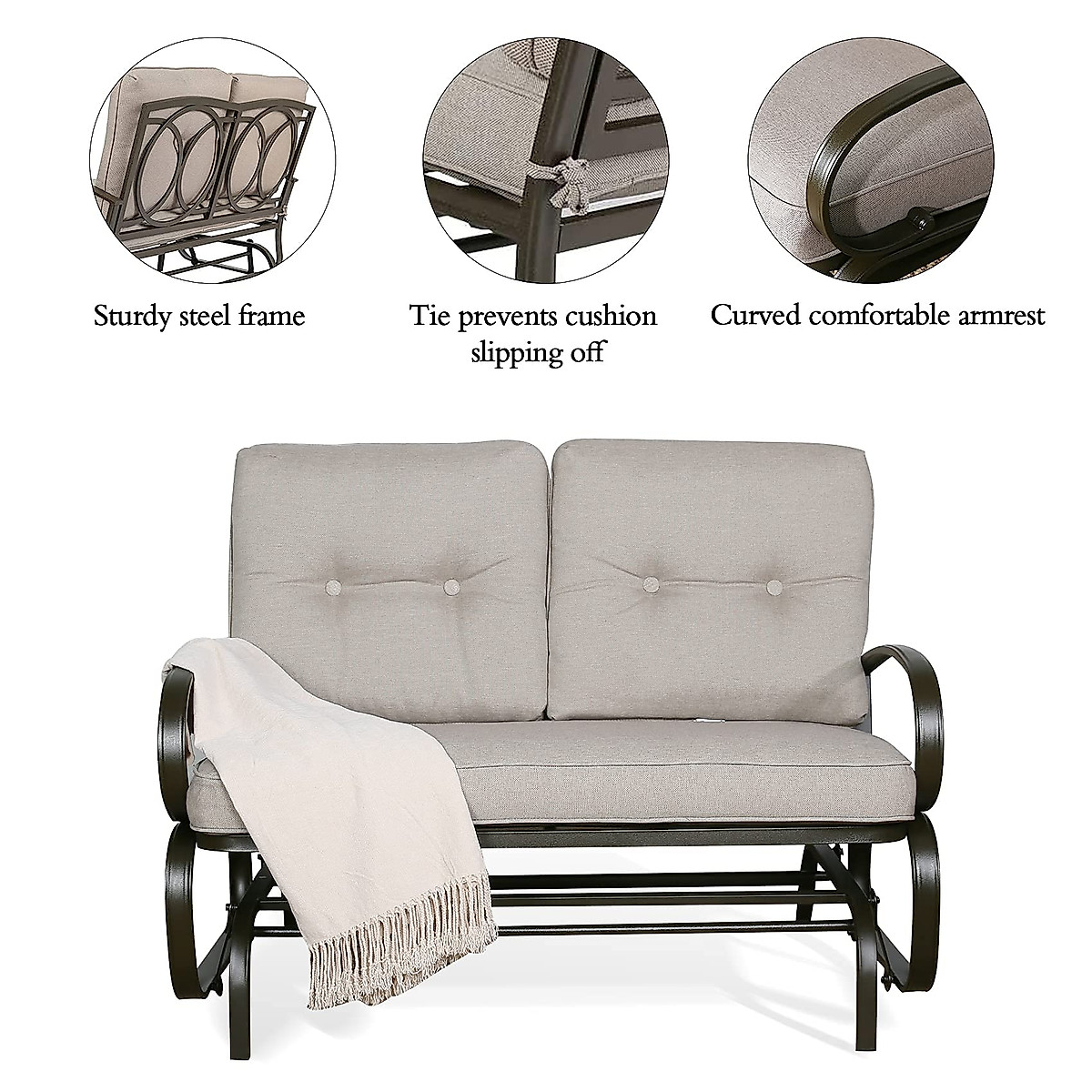 PATIO TREE Outdoor Patio Glider Bench Loveseat - Cushioned 2 Person Rocking Seating Swing Chair for Patio, Beige