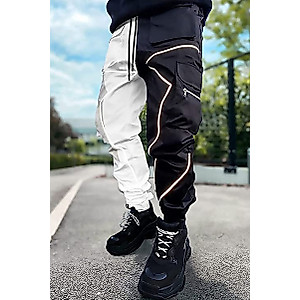 BOOMLEMON Men's Cargo Jogger Pants Reflective Technical Hip Hop Harem Pants Punk Streetwear Tactical Track Pants(Black White L)
