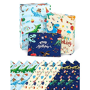 WERNNSAI Dinosaur Wrapping Paper - 10 Sheets Dinosaur Gift Wrapping Paper for Boys Girls 3 Styles Patterns Wrap Paper Rolls Happy Birthday Wrapping Paper Dino Party Favor Present (20’’ x 27’’/ Sheet)