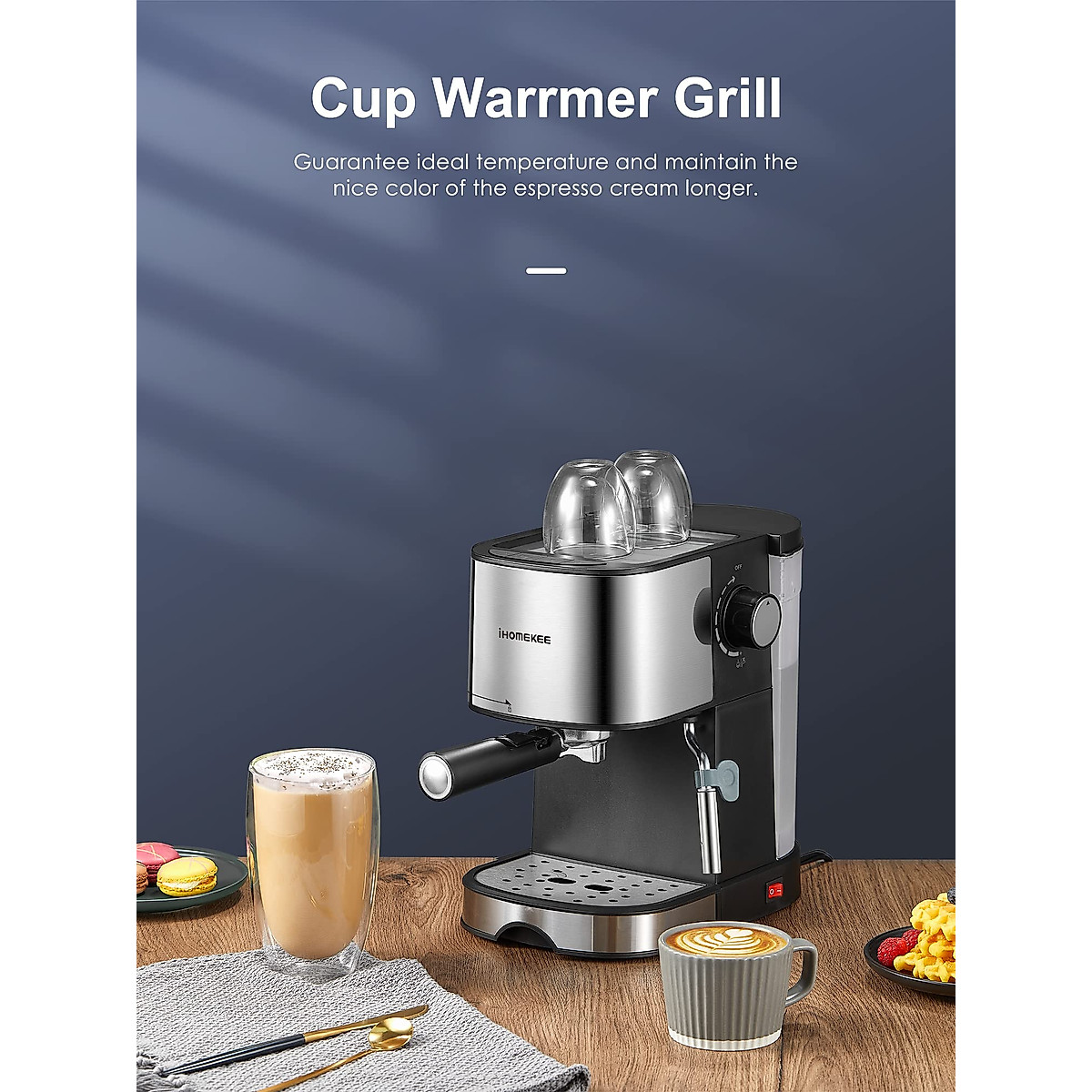 Ihomekee Espresso Machine 15 Bar Pump Pressure, Espresso and Cappuccino Coffee Maker with Milk Frother/Steam Wand for Latte, Mocha, Cappuccino, Silver - CM6826T