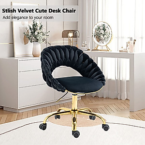 Modern Velvet Office Desk Chair, Upholstered Makeup Vanity Chair with Woven Tufted Back and Gold Base, Swivel Task Chair with Wheels Women Girls Cute Desk Chair for Vanity Room Bedroom Study Black