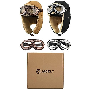 JaGely 4 Pcs Pilot Hat and Goggles Flight Costume Accessories Pilot Helmet Cap with Ear Flaps Hat Adults Winter (Black, Khaki)