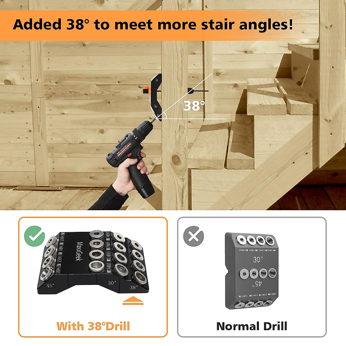 MaxxGeek Drill Guide for 30 38 45 90 Degree Angled and Straight Holes, Added 38 Degree Portable Drill Guide for Deck Stair Handrail and Horizontal Cable Wood Post （Without Drill Bit）