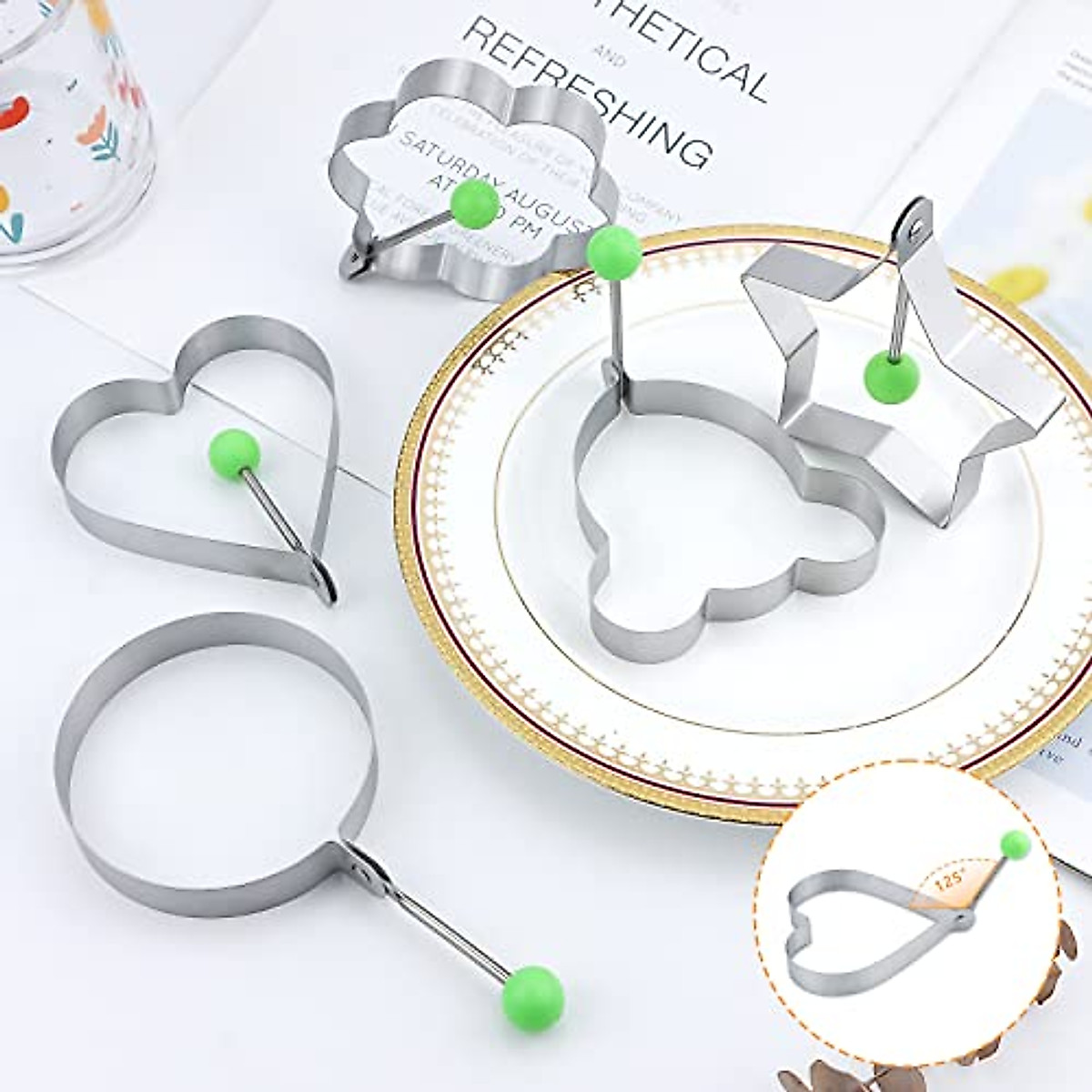 5 Pack Egg Rings, LEEFONE Stainless Steel Pancake Mold Set with Handle, Non-Stick Egg Maker Molds for Griddle Frying Cooking