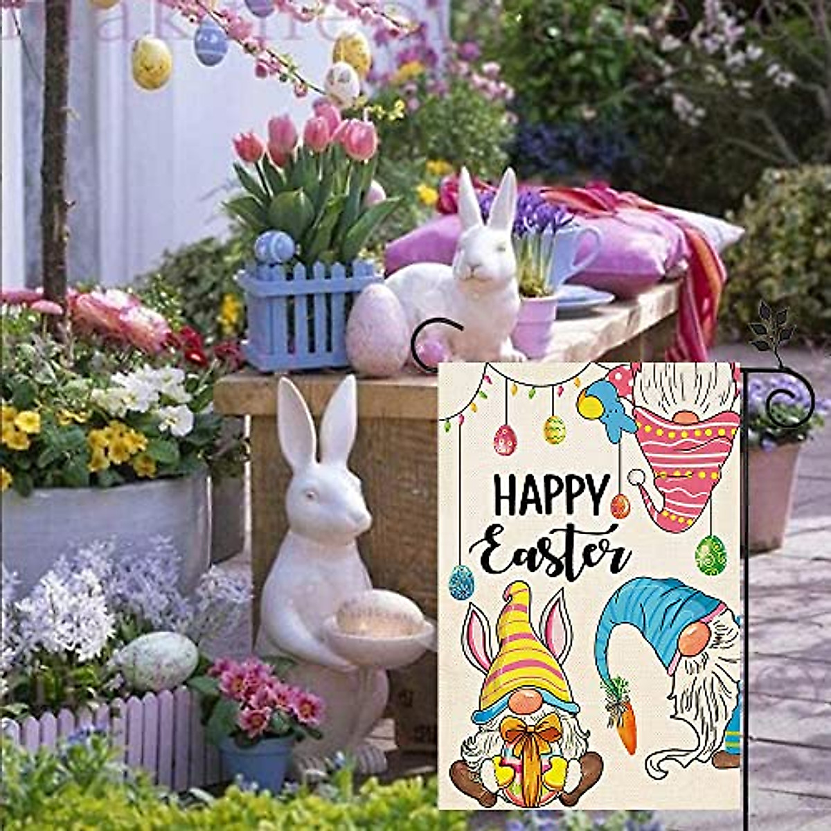 ORTIGIA Easter Gnome Garden Flag Happy Holidays 12x18Inch Burlap Double Sided Colorful Easter Eggs Flag Spring Summer Farmhouse Seasonal Outdoor Flag