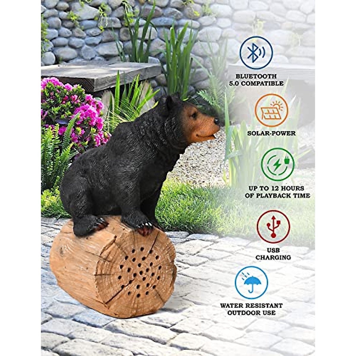 AXOSO Outdoor Bluetooth Speakers Waterproof Wireless Solar Powered & Weather Resistant with Rechargeable Battery, Outside Black Bear Bluetooth Speakers for Patio,Pool,Deck,Garden and Home