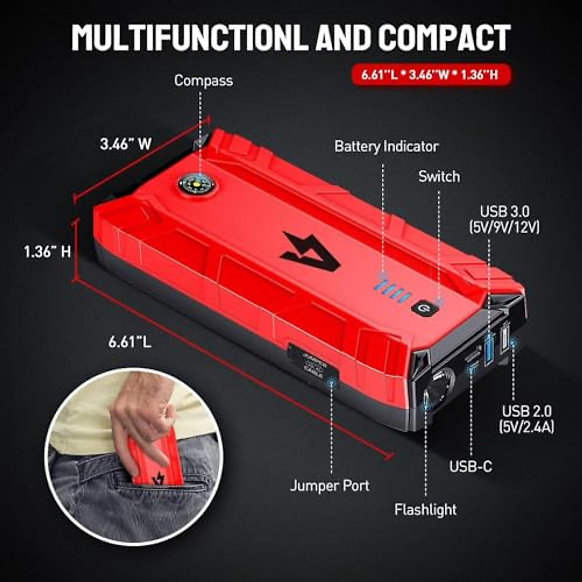 Audewdirect Jump Starter 1500A Peak Current 18000mAh (8.0L Gas Engine and up to 6 L Diesel Engine) Portable Car Jump Starter 12V Car Battery with Quick Charge (Epower-172)