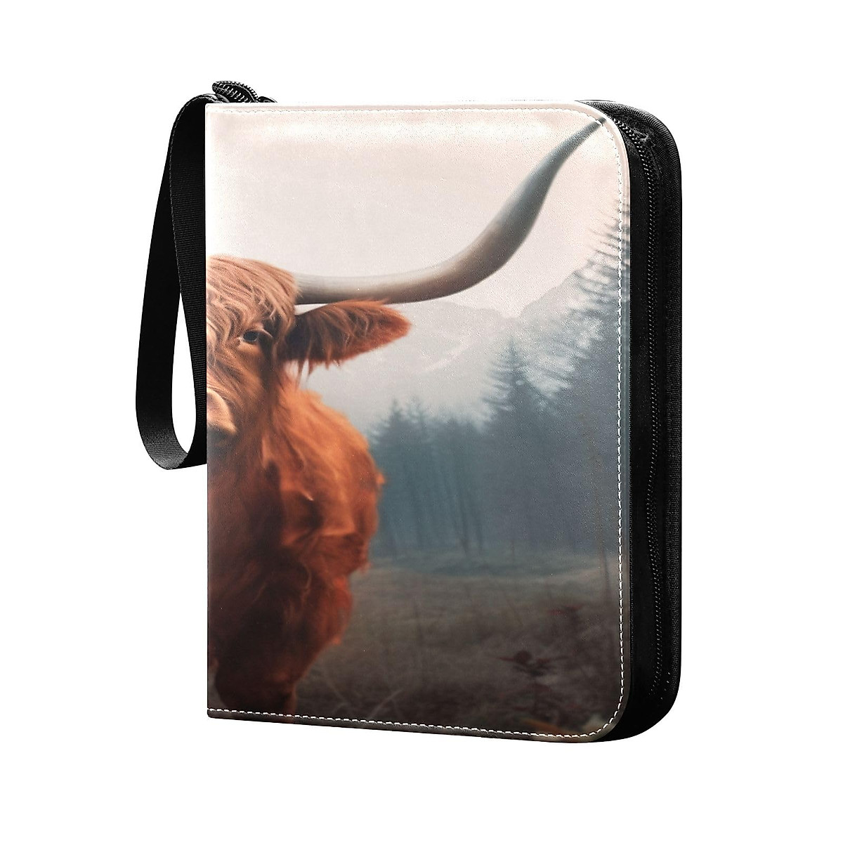PYBUG Highland Cow Trading Card Binder with Nylon Strap 4-Pocket Waterproof PU Leather Card Collection Binder for 400 Cards Sturdy Card Holder Folders for Game Cards,Sports Cards